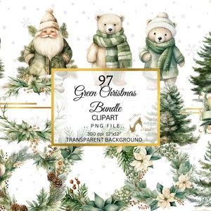 Watercolor Green Christmas Clipart PNG Bundle, Cozy Christmas, Green ...