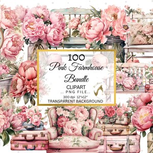 Watercolor Pink Farmhouse Floral Clipart Bundle, Rustic Chic Clipart ...