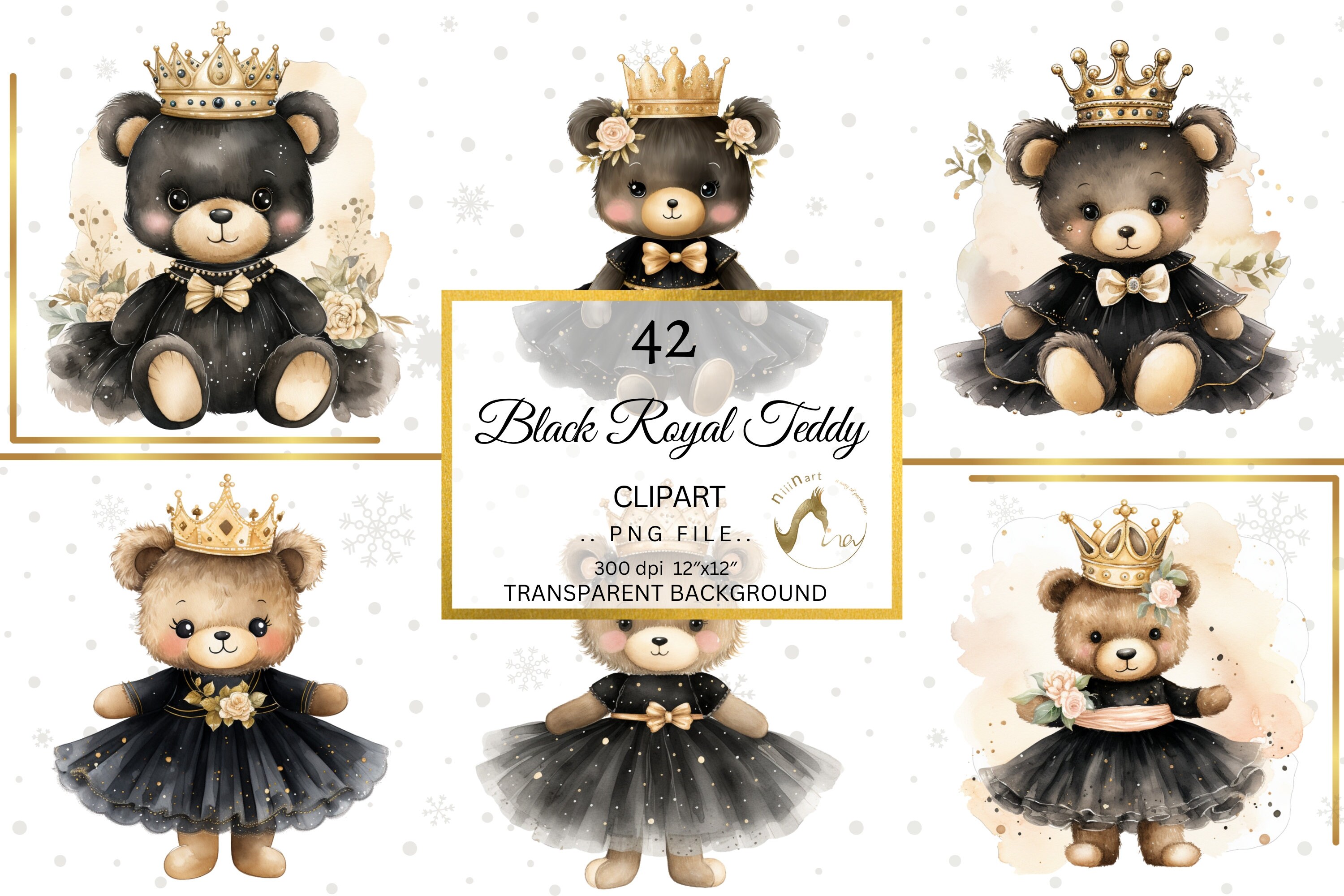 Watercolor Teddy Bear Clipart Bundle, Black Gown, Nursery Decor ...