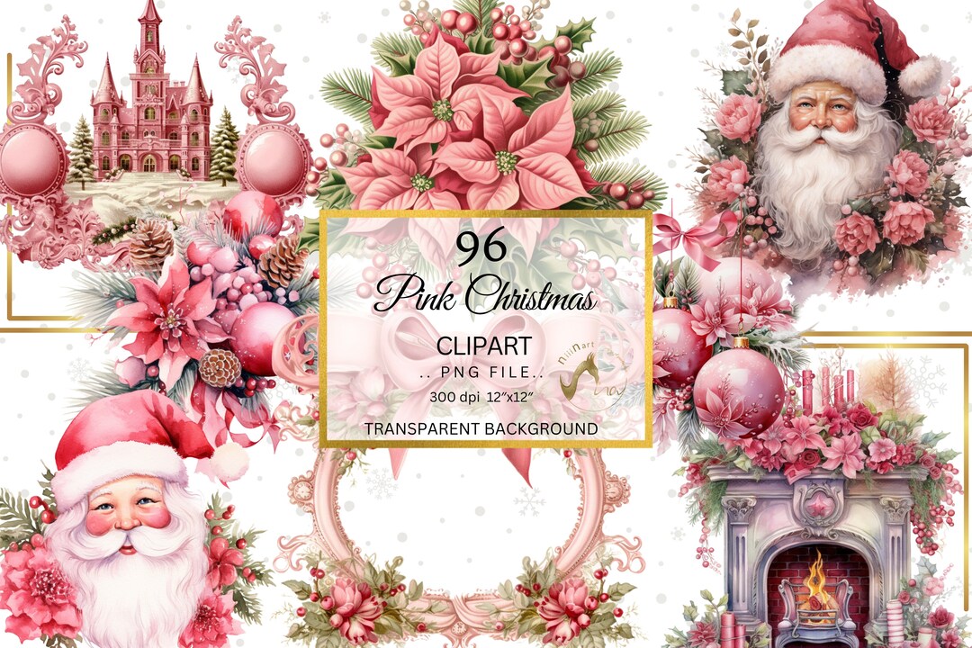 Watercolor Pink Christmas Clipart PNG Bundle, Pink Winter Christmas ...