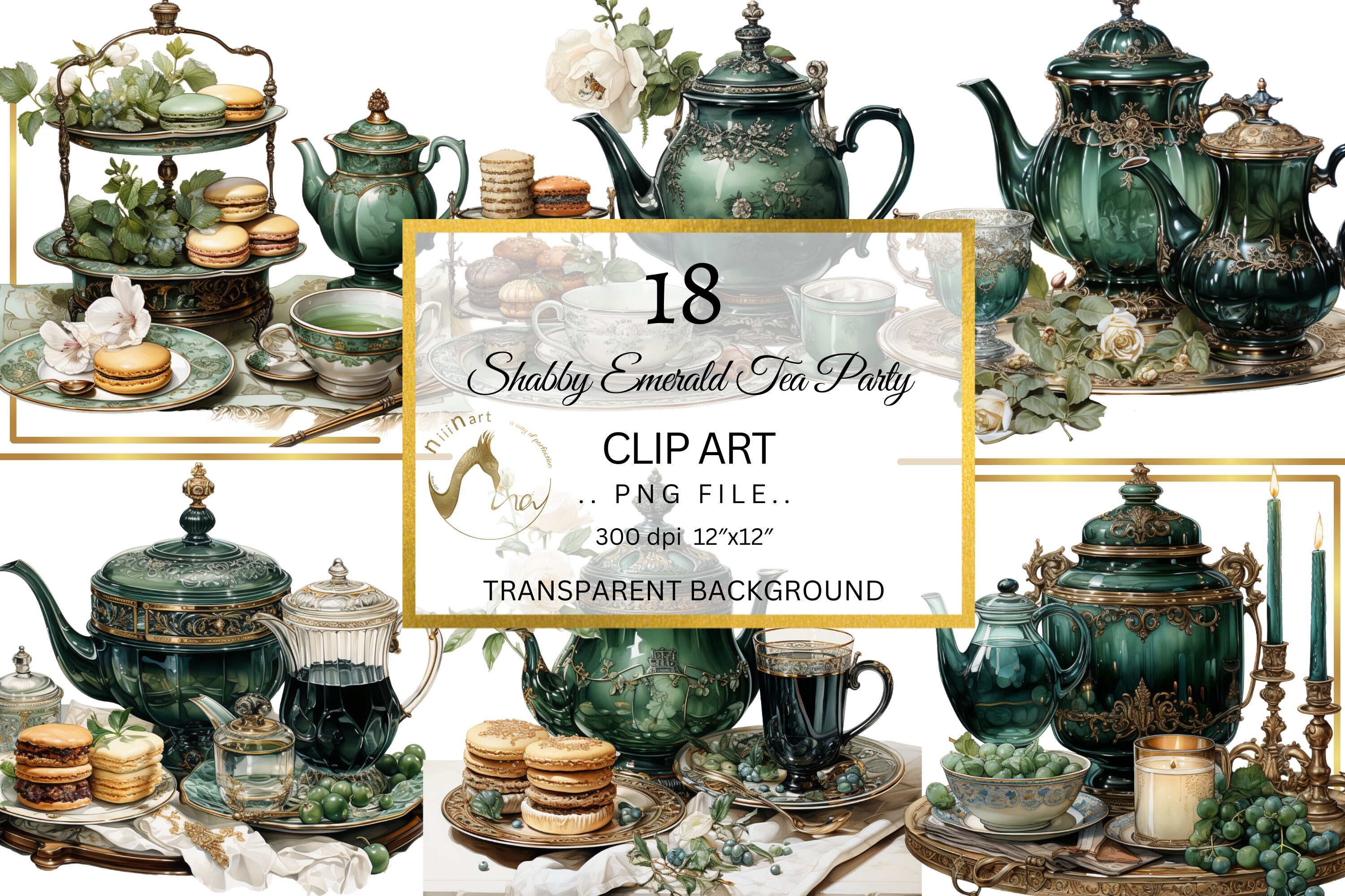 Emerald Tea Party Clipart, Shabby Chic Teapot Set (digital Download) - Etsy