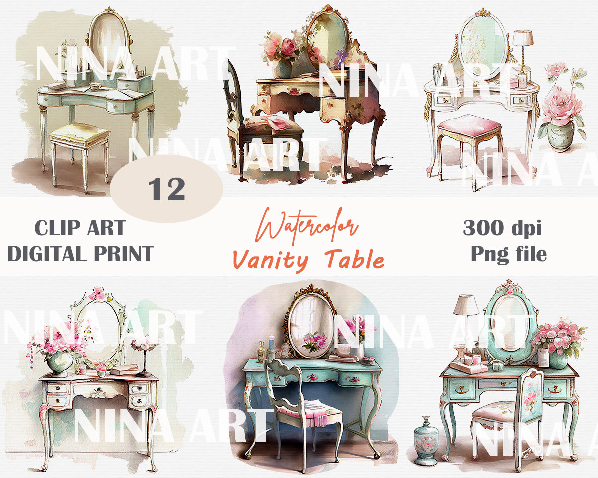 Watercolor Shabby Chic Makeup Table Digital Clipart Shabby - Etsy