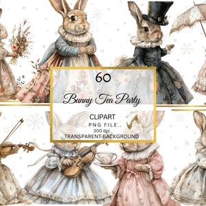 Watercolor Vintage Floral Tea Time Clipart, Cute Bunny Clipart, Tea ...
