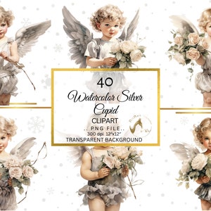 Watercolor Silver Cupid Clipart, 40 PNG Valentine Art (digital Download ...