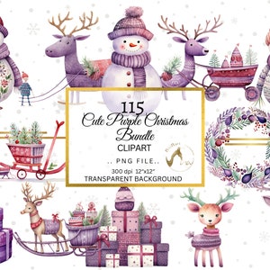 Watercolor Purple Christmas Clipart PNG Bundle, Purple Winter Christmas ...