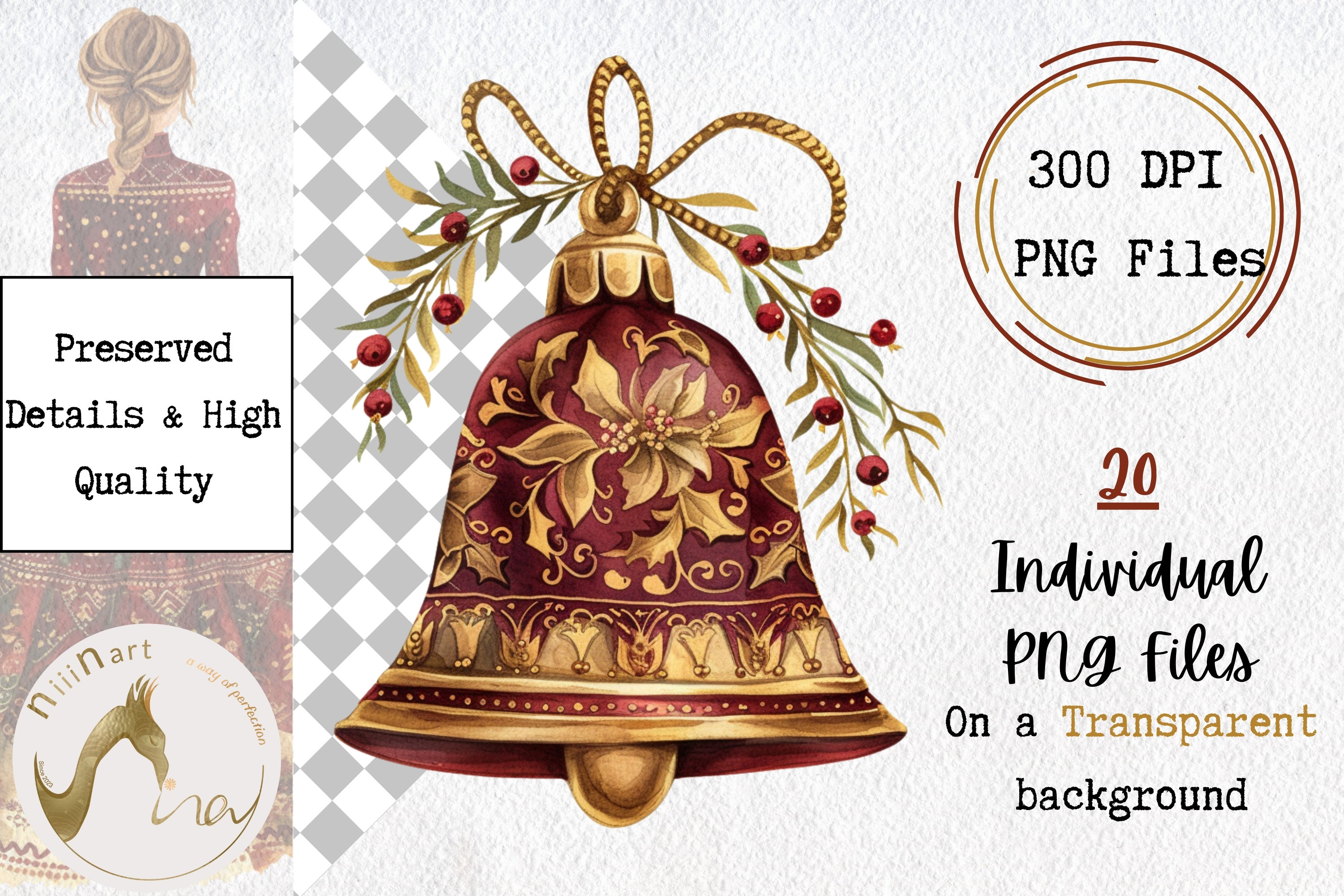 Watercolor Christmas Bells Clipart, Burgundy and Gold (PNG) - Etsy