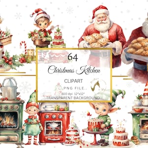 Christmas Elves Kitchen Watercolor Clipart PNG, Watercolor Kitchen ...