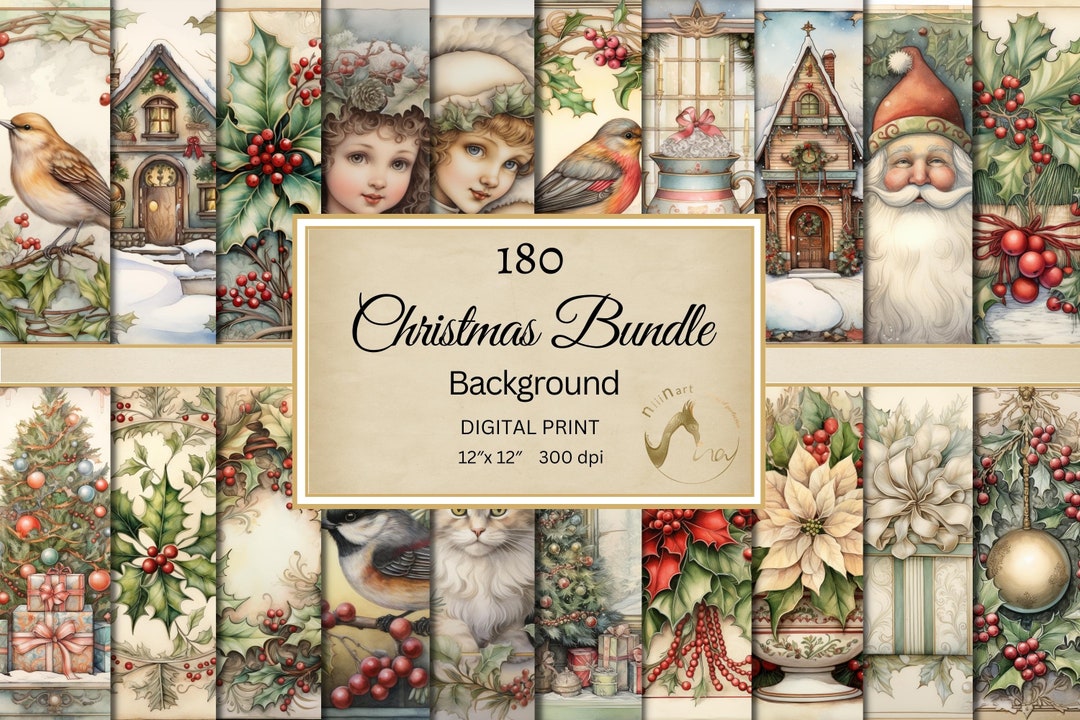 Retro Christmas Scrapbook Paper, Winter Holiday Ephemera (digital ...