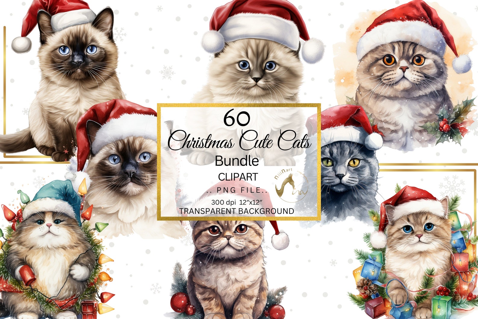 Christmas Cats Clipart Bundle, Cat Breeds Watercolor Clipart, Cat ...