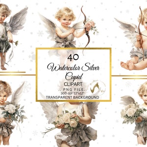 Watercolor Silver Cupid Clipart, 40 PNG Valentine Art (digital Download ...