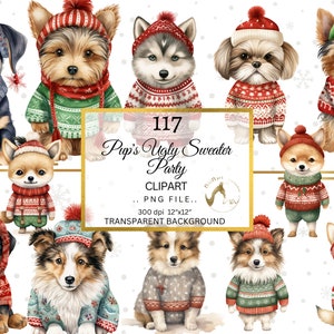 Watercolor Christmas Dogs Clipart Bundle, 30 Dog Breeds Wearing ...
