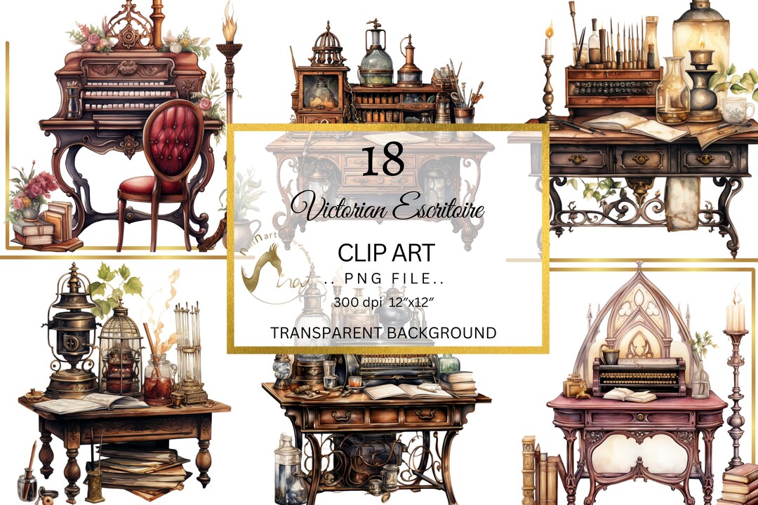 Watercolor Antique Table Clipart, Vintage Secretary Desk, Classical ...