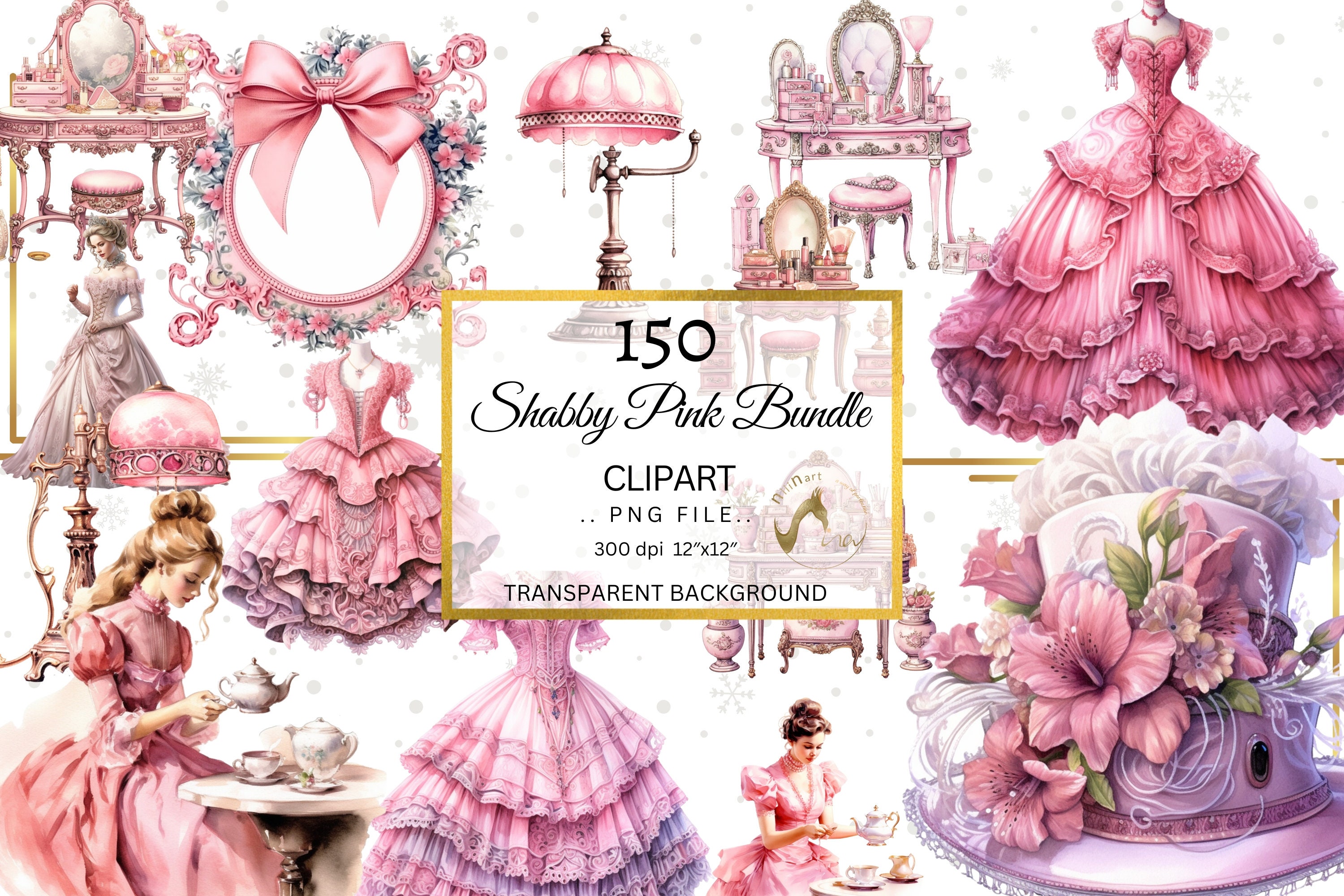 Watercolor Victorian Pink Clipart Bundle, Scrapbooking (PNG, 12x12 ...