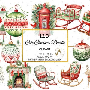 Watercolor Christmas Clipart PNG Bundle, Big Bundle Christmas Clipart ...