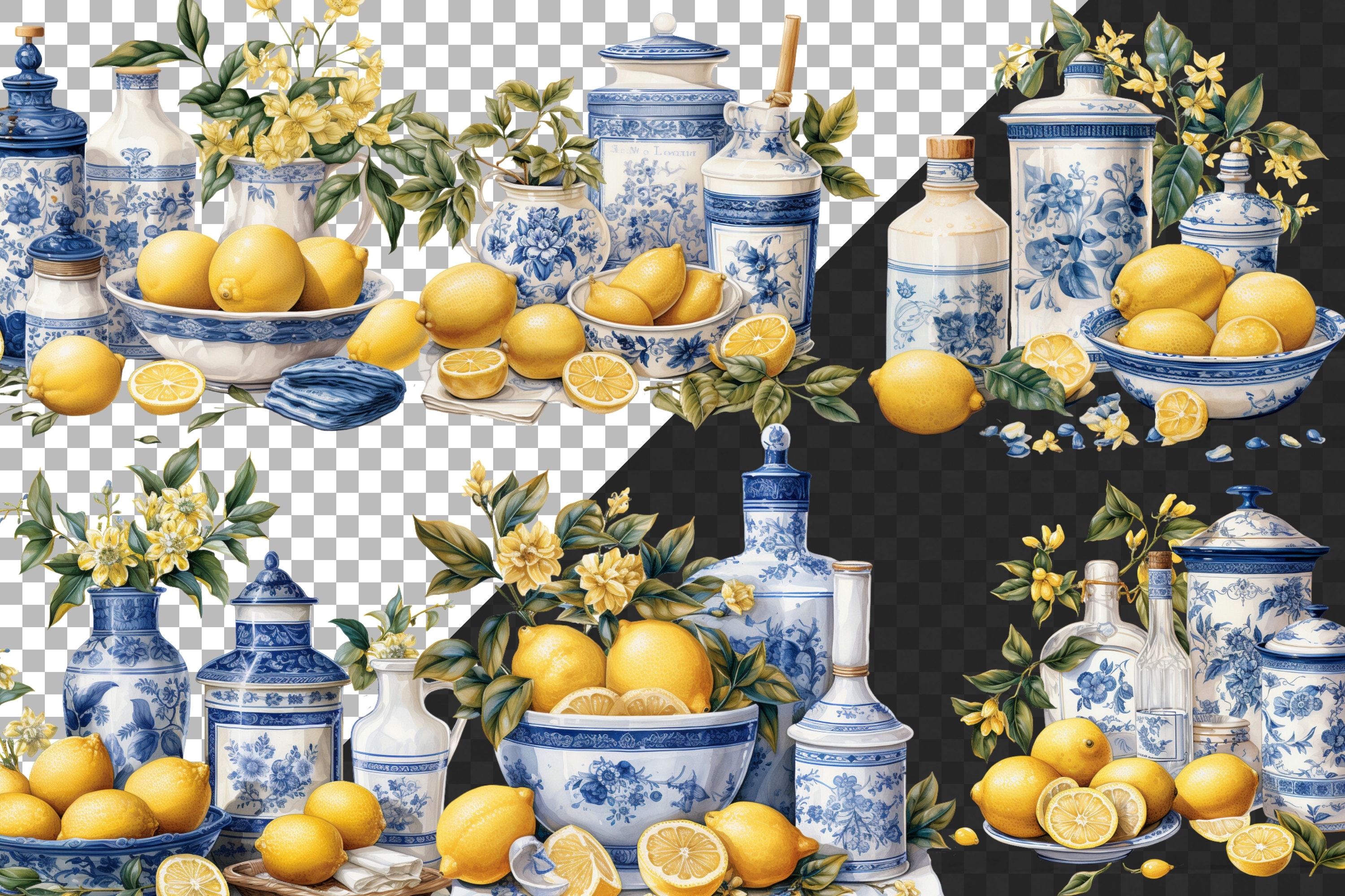 Watercolor Mediterranean Lemon Clipart, Blue Floral Decor (PNG) - Etsy