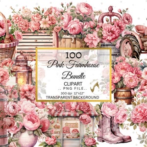 Watercolor Pink Farmhouse Floral Clipart Bundle, Rustic Chic Clipart ...