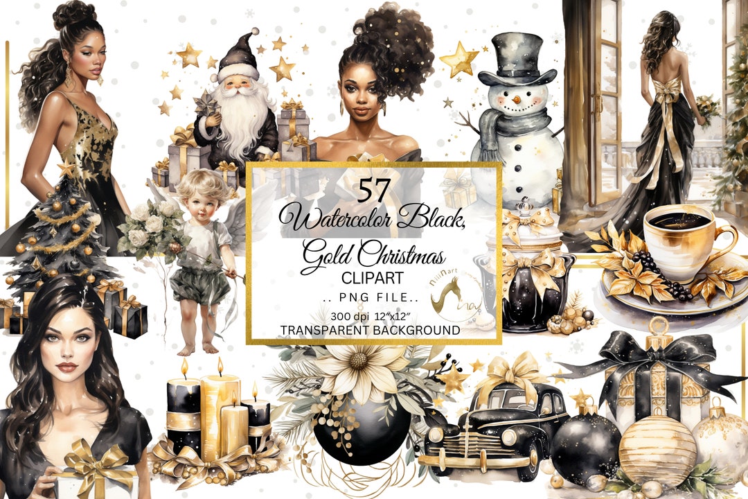 Black & Gold Christmas PNG Clipart Bundle Watercolor Black and Gold ...