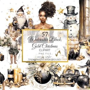 Black & Gold Christmas PNG Clipart Bundle Watercolor Black and Gold ...