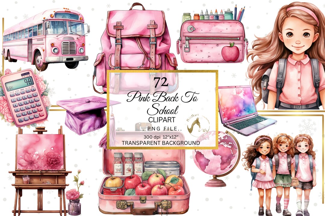 Pink Watercolor School Clipart, Back to School PNG (digital Download ...