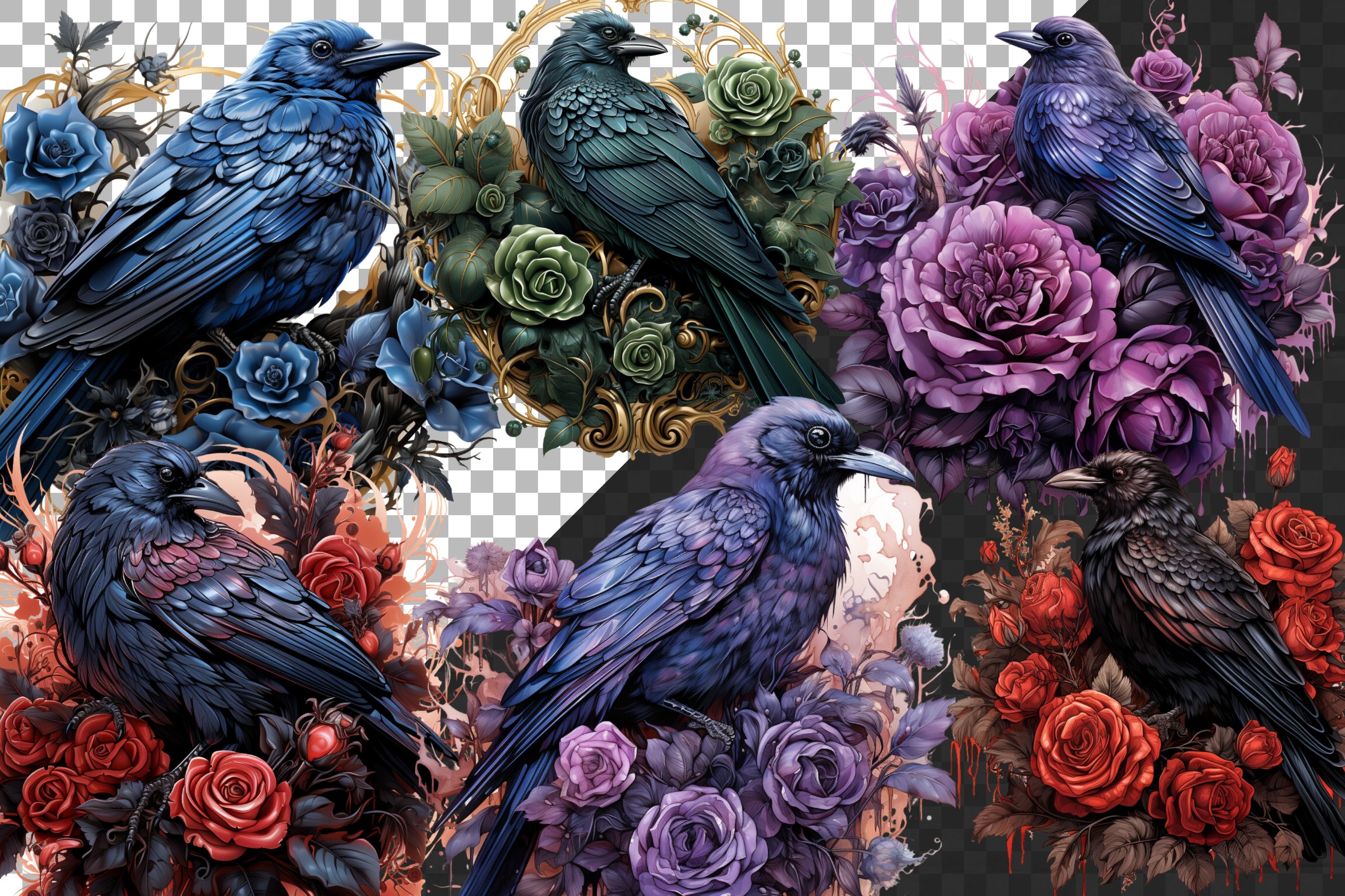 Halloween Raven Clipart Floral Gothic Roses Emerald Clipart - Etsy