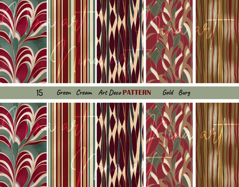 15 Burgundy Green Cream Gold Art Deco Digital Paper Seamless - Etsy