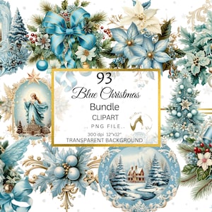 Watercolor Blue Christmas Clipart PNG Bundle, Blue Winter Christmas ...