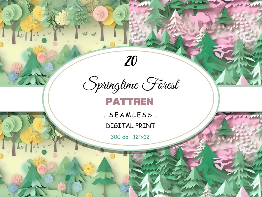 Springtime Forest Seamless 3D Digital Paper, 3D Forest Digital Pattern ...