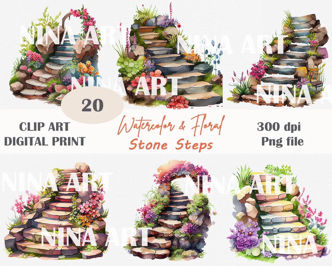 Watercolor Stone Steps and Floral Clipart Set, Stone Stairs and Flowers ...