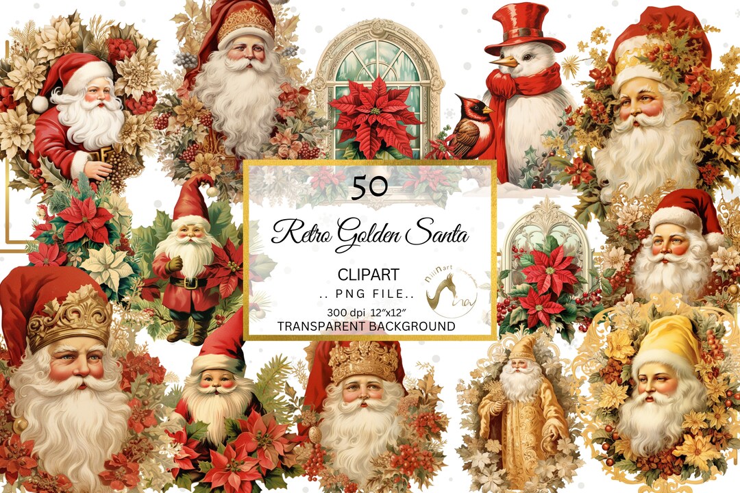 Gold Christmas Santa Clipart, Retro Graphics, Digital Download, Winter ...