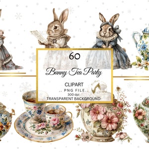 Watercolor Vintage Floral Tea Time Clipart, Cute Bunny Clipart, Tea ...