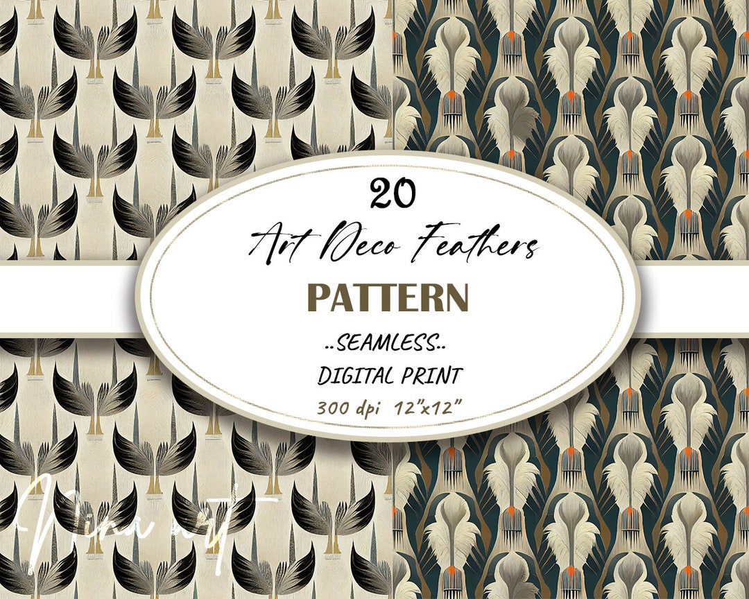 Seamless Feathers Art Deco Digital Paper, Neutral Color Digital Pattern ...
