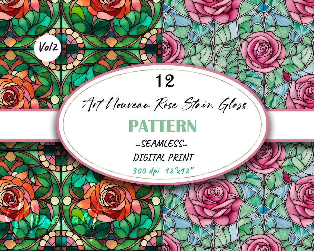 Art Nouveau Seamless Stained Glass Paper Design, Colorful Stained Glass ...