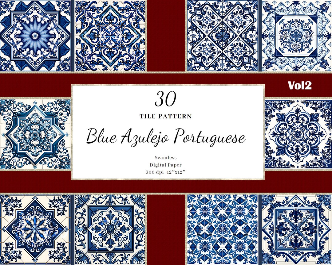 30 Portuguese Azulejo Ceramic Tiles, Blue and White Tile Digital Paper ...