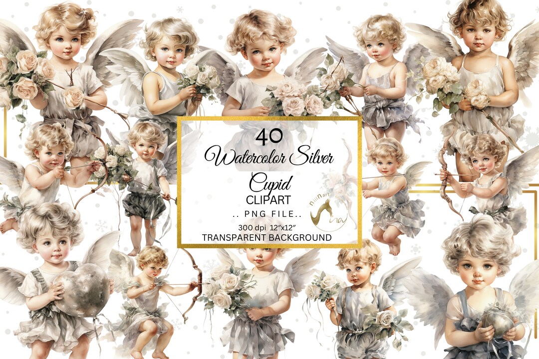 Watercolor Silver Cupid Clipart, 40 PNG Cupid Love Clipart, Valentine ...
