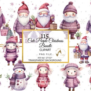 Watercolor Purple Christmas Clipart PNG Bundle, Purple Winter Christmas ...