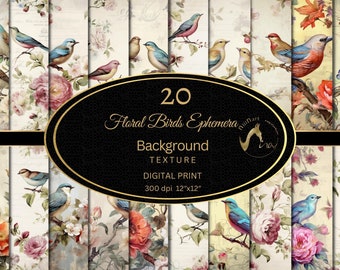 Shabby Chic Vintage Birds & Floral Digital Paper, Shabby Chic Paper ...