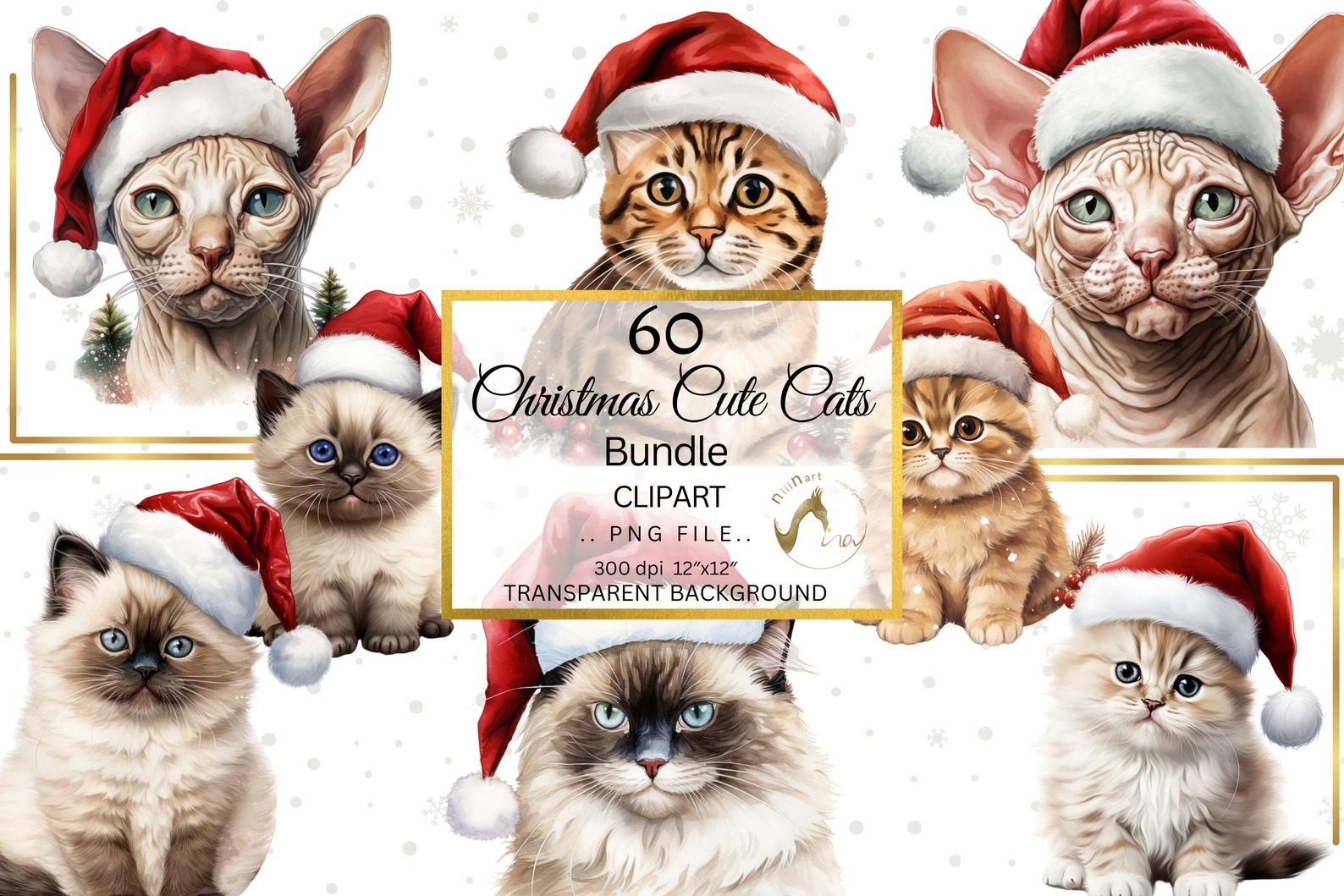 Christmas Cats Clipart Bundle, Cat Breeds Watercolor Clipart, Cat ...