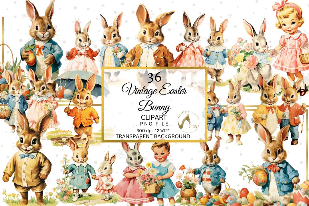 Vintage Easter Bunny Clipart Bundle, Easter Bunny, Easter Egg, Easter ...