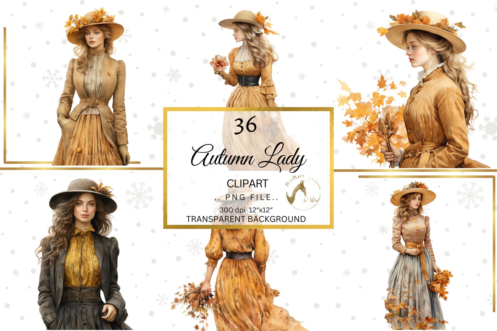 Victorian Autumn Lady Clipart Bundle, Floral Watercolor PNG (digital ...