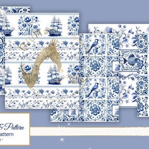 Watercolor Delft Tiles Delft Seamless Patterns Borders and Delft ...
