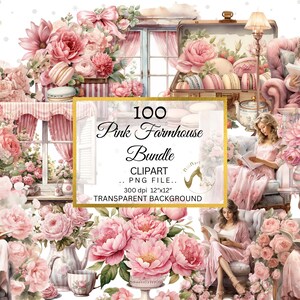 Watercolor Pink Farmhouse Floral Clipart Bundle, Rustic Chic Clipart ...
