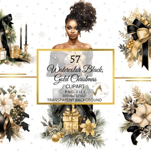 Black & Gold Christmas PNG Clipart Bundle Watercolor Black and Gold ...