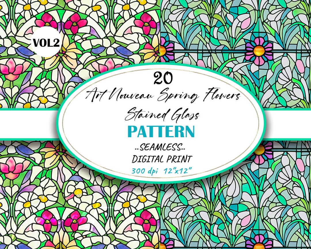 Art Nouveau Seamless Stained Glass Paper, Spring Flower Stained Glass ...