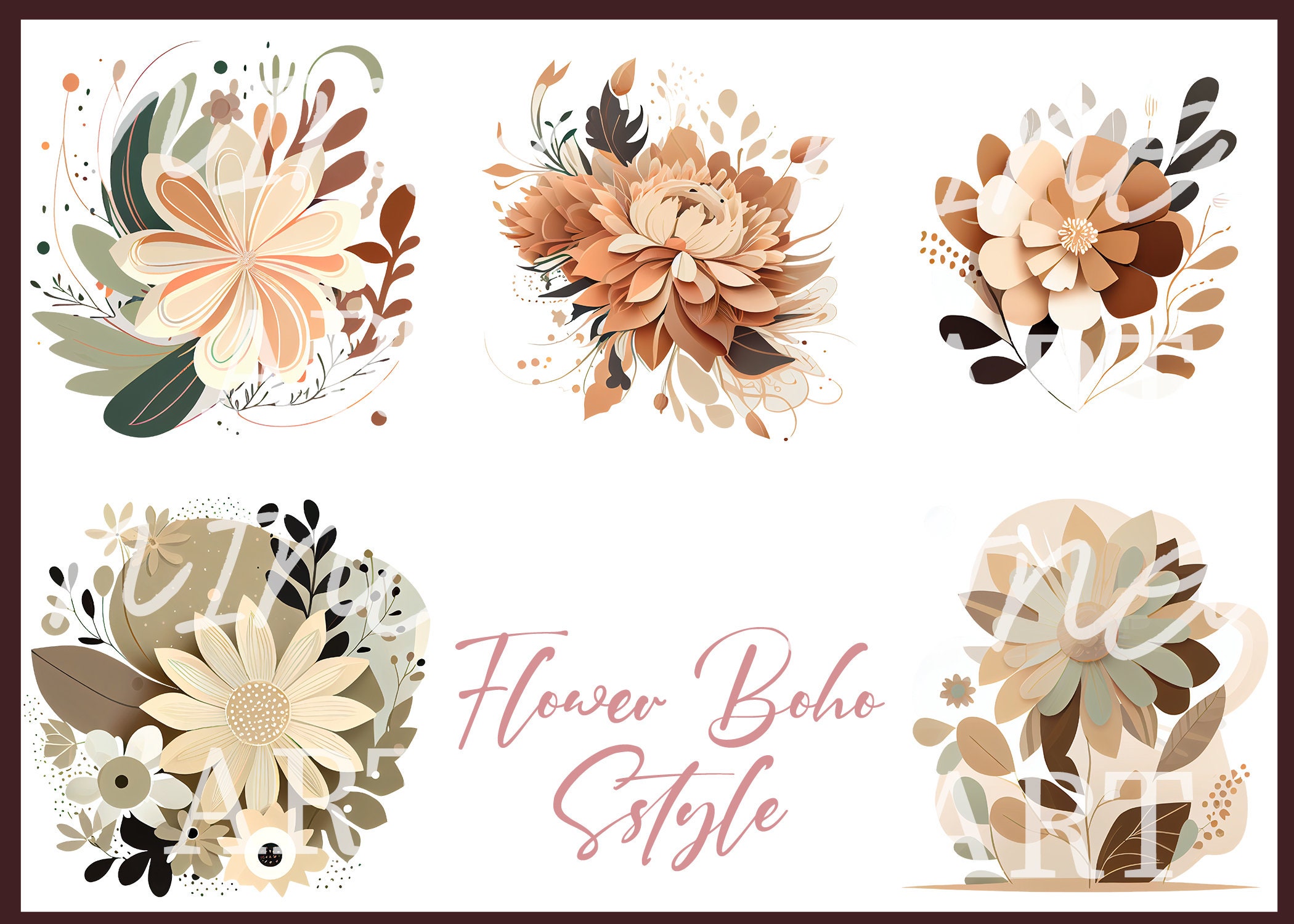 Neutral Boho Floral Clipart – Shabby Chic Flowers, PNG (digital ...