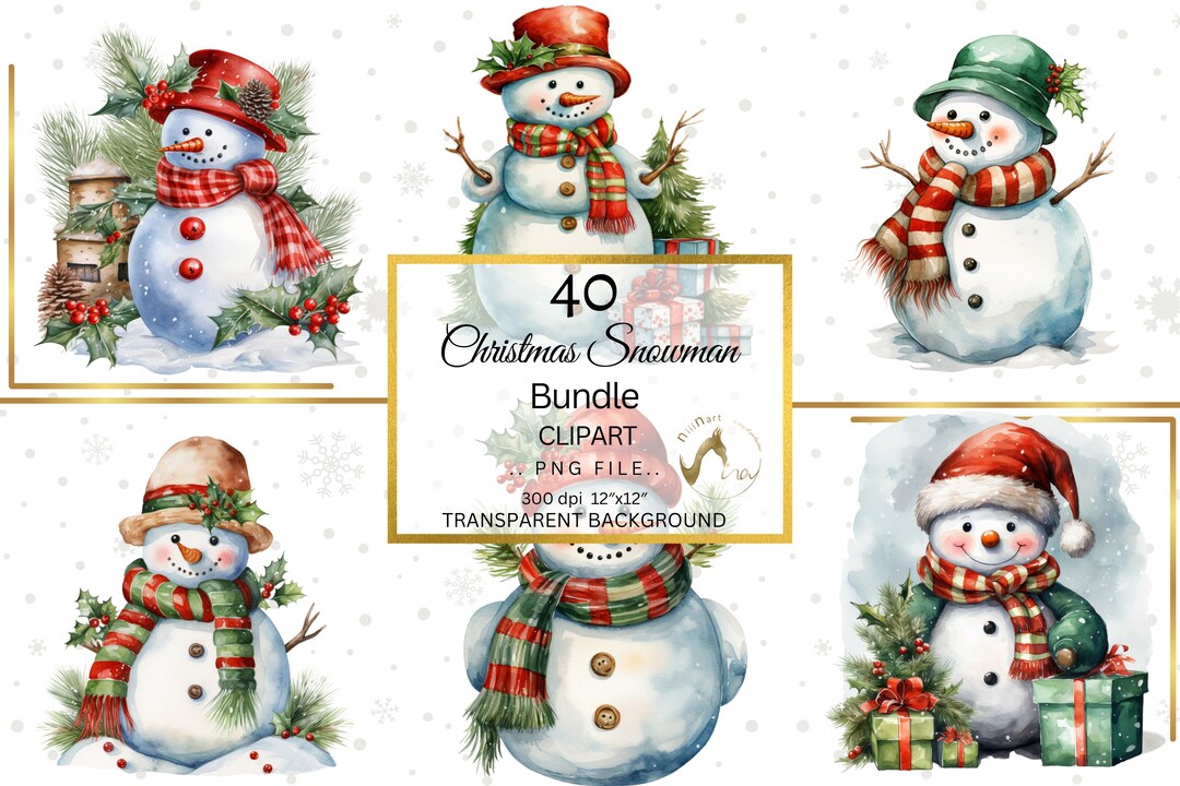 Watercolor Snowman Clipart, 40 High Quality PNG Files, Xmas Snowman ...