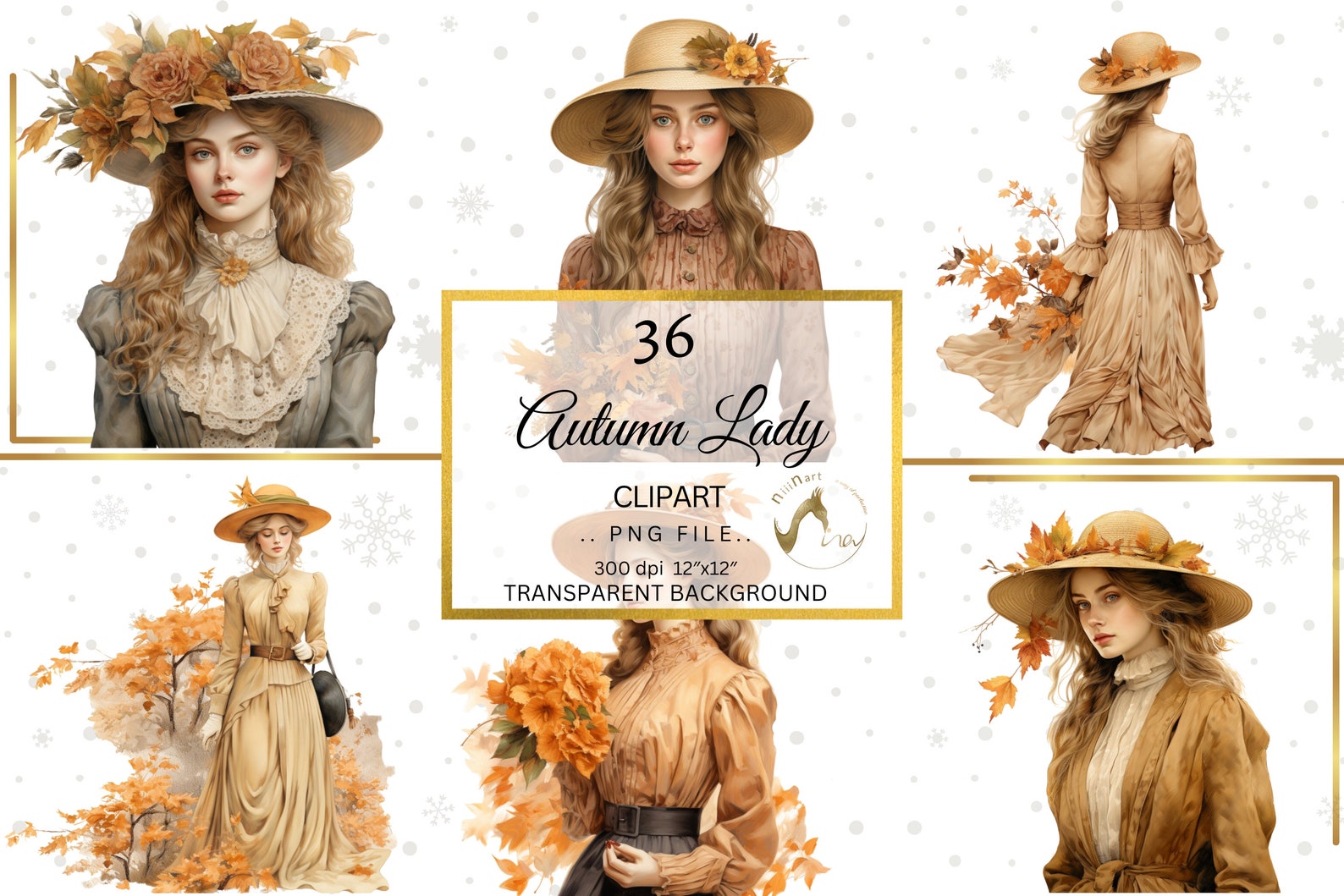 Victorian Autumn Lady Clipart Bundle, Floral Watercolor PNG (digital ...