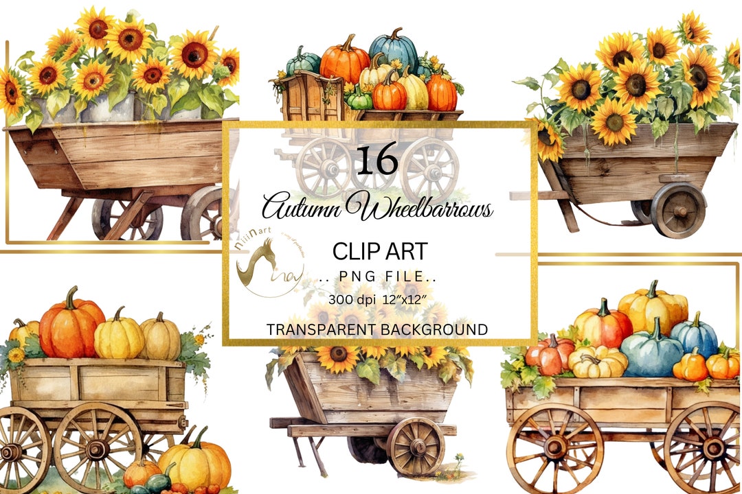 Watercolor Autumn Wheelbarrow Clipart Set Botanical Print, Sunflower ...