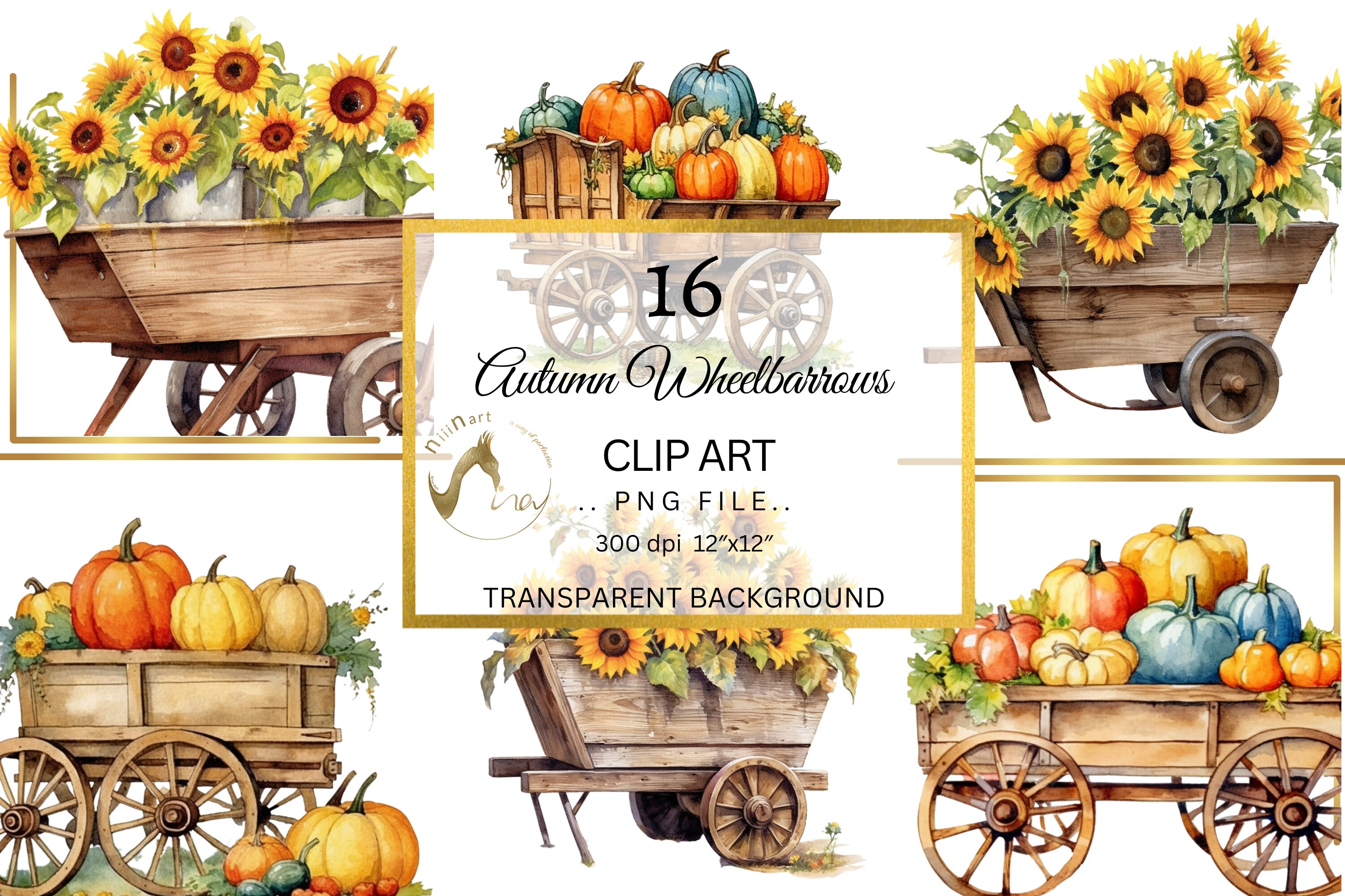 Watercolor Autumn Wheelbarrow Clipart Set, Sunflower Pumpkin PNG ...