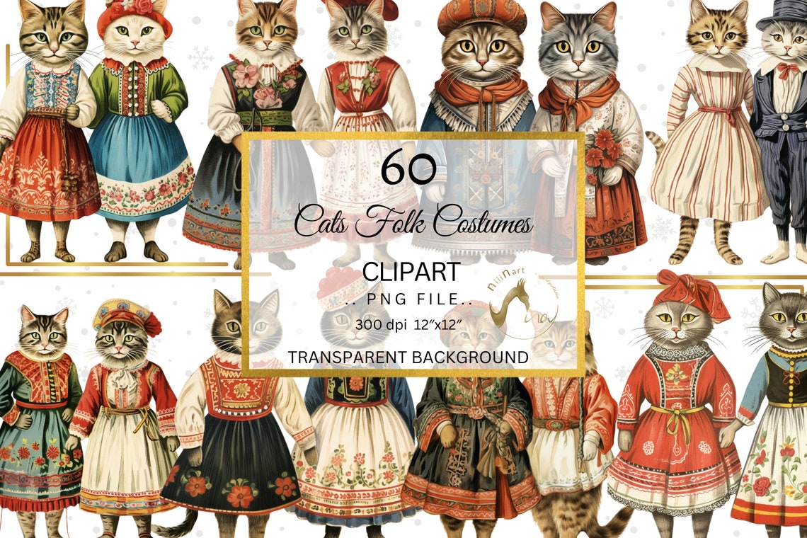60 Cats in Folk Costumes PNG Clipart, Printable Art (digital Download ...