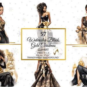 Black & Gold Christmas PNG Clipart Bundle Watercolor Black and Gold ...